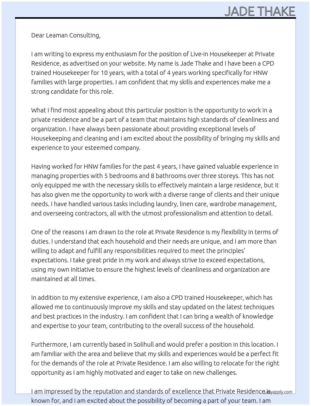 Cover letter for live -in housekeeper - LazyApply