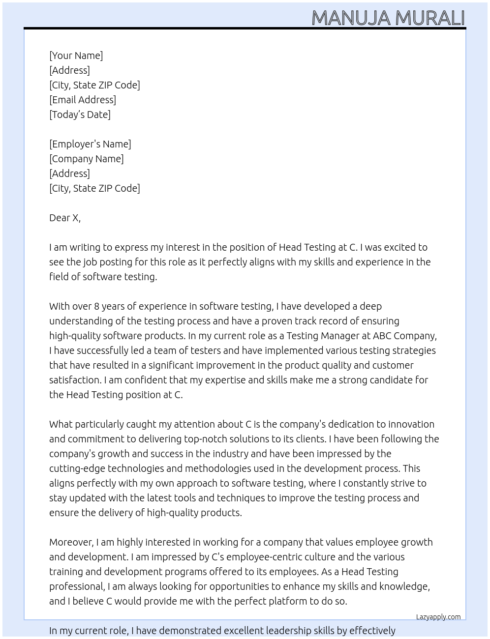Cover letter for head testing - LazyApply
