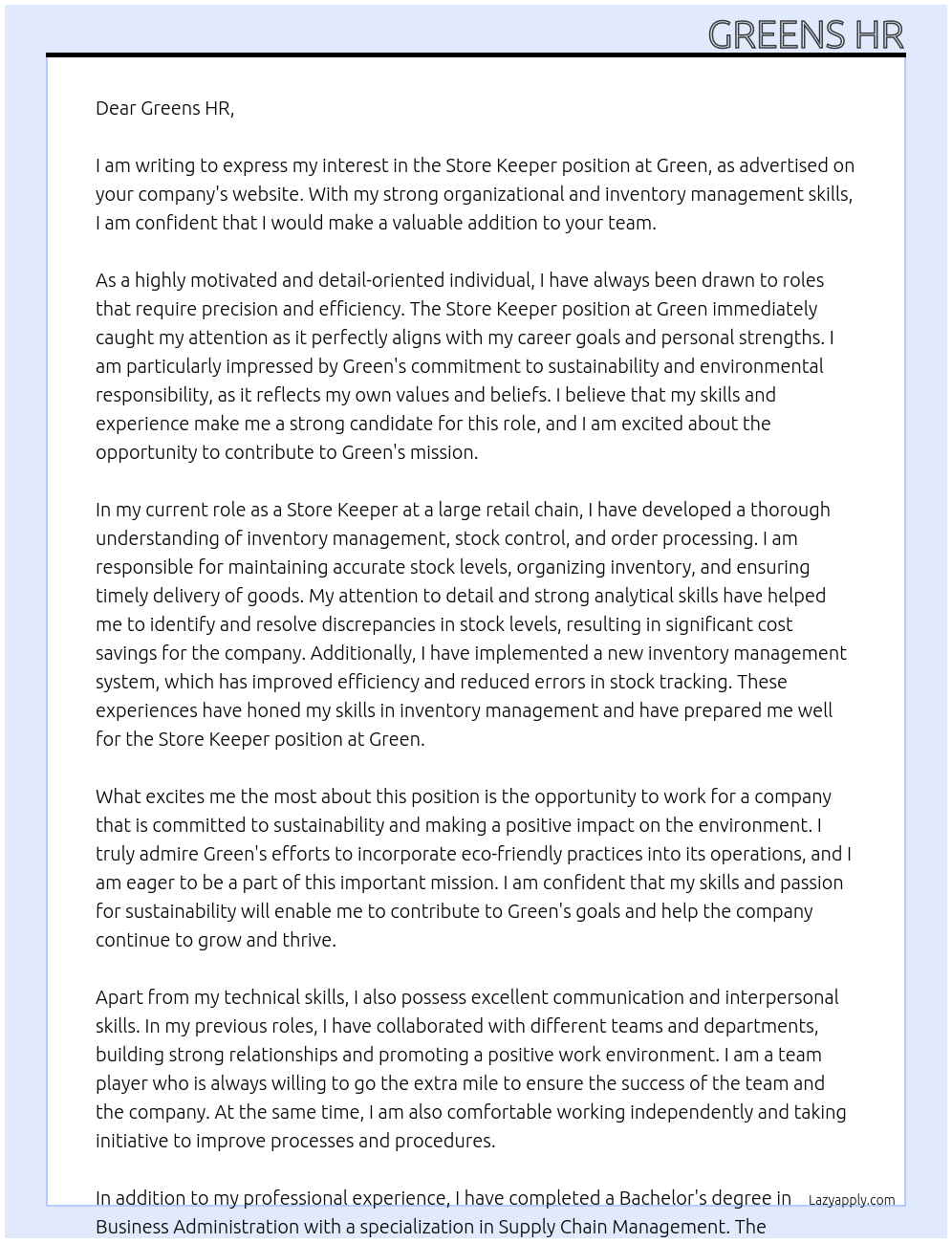 Cover letter for store keeper - LazyApply