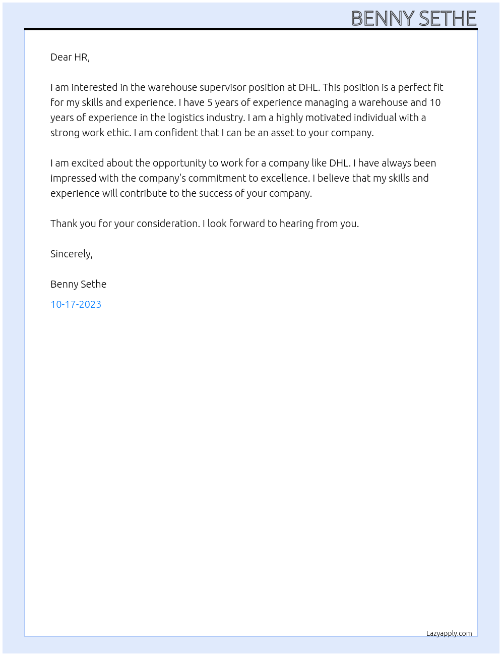 Cover letter for warehouse supervisor - LazyApply