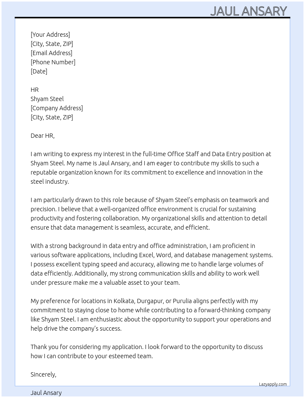 Cover letter for office staff & data entry - LazyApply