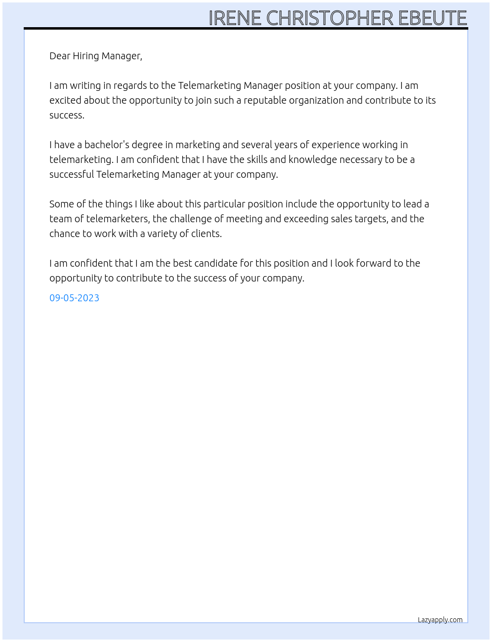 Cover letter for telemarketing manager - LazyApply