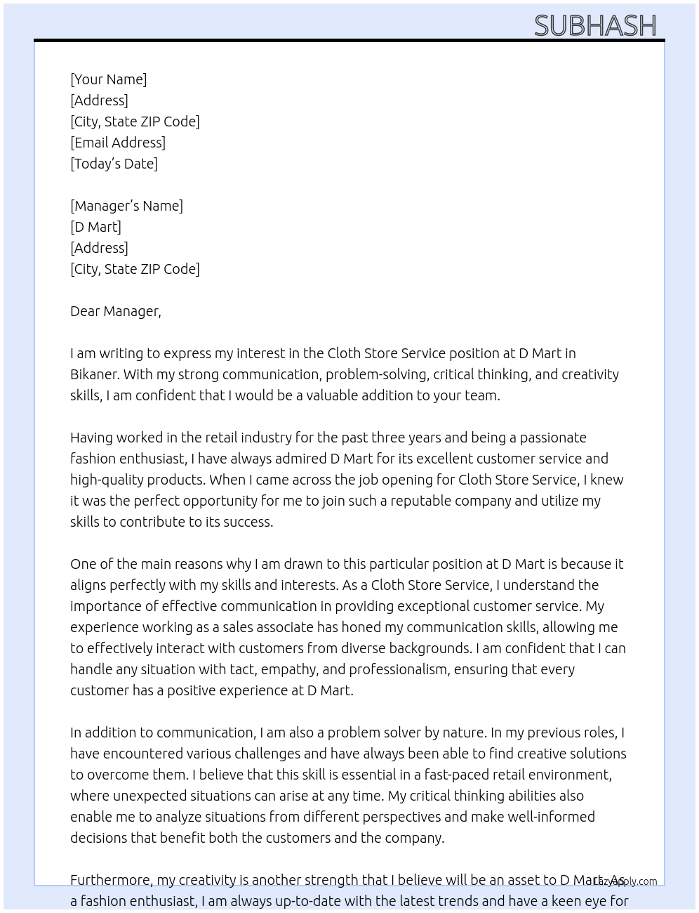 Cover letter for cloth store service - LazyApply