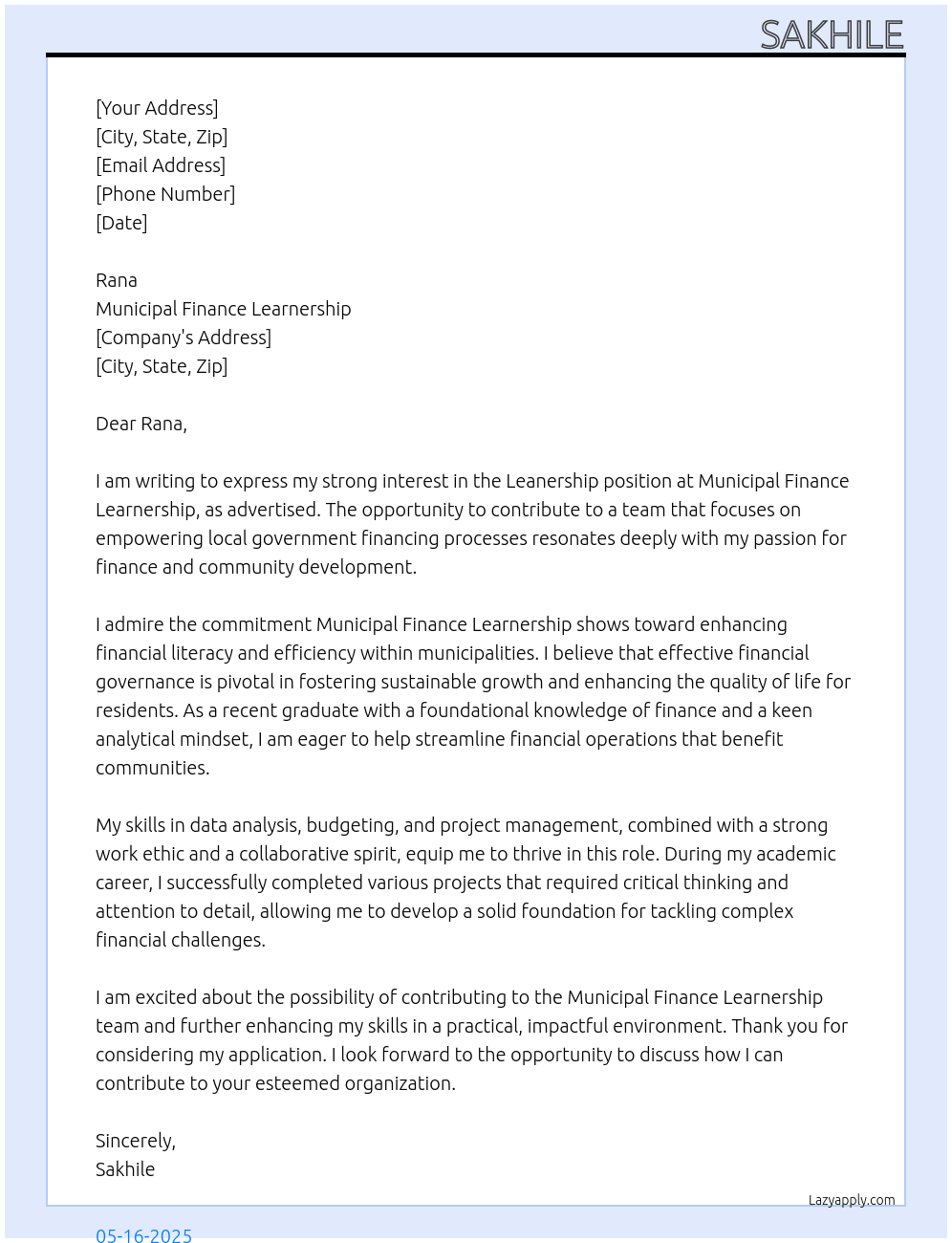 Cover letter for leanership - LazyApply