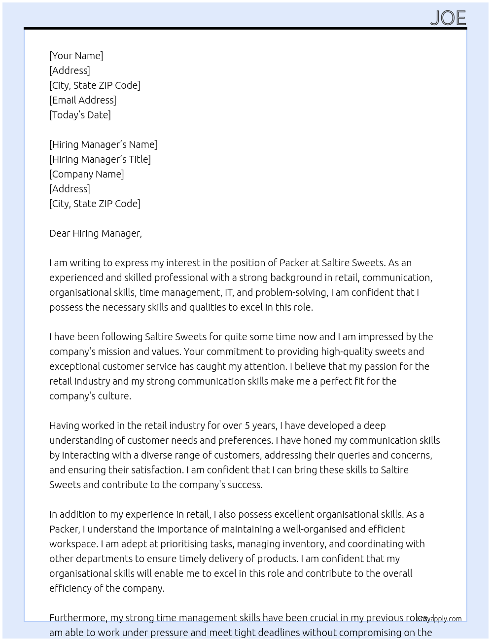 Cover letter for packer - LazyApply