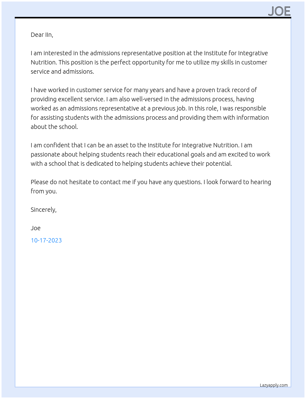 Cover letter for admissions representative - LazyApply