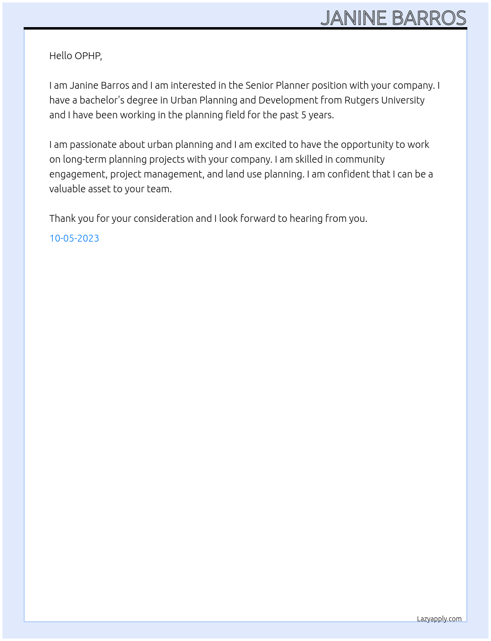 Cover letter for senior planner - LazyApply