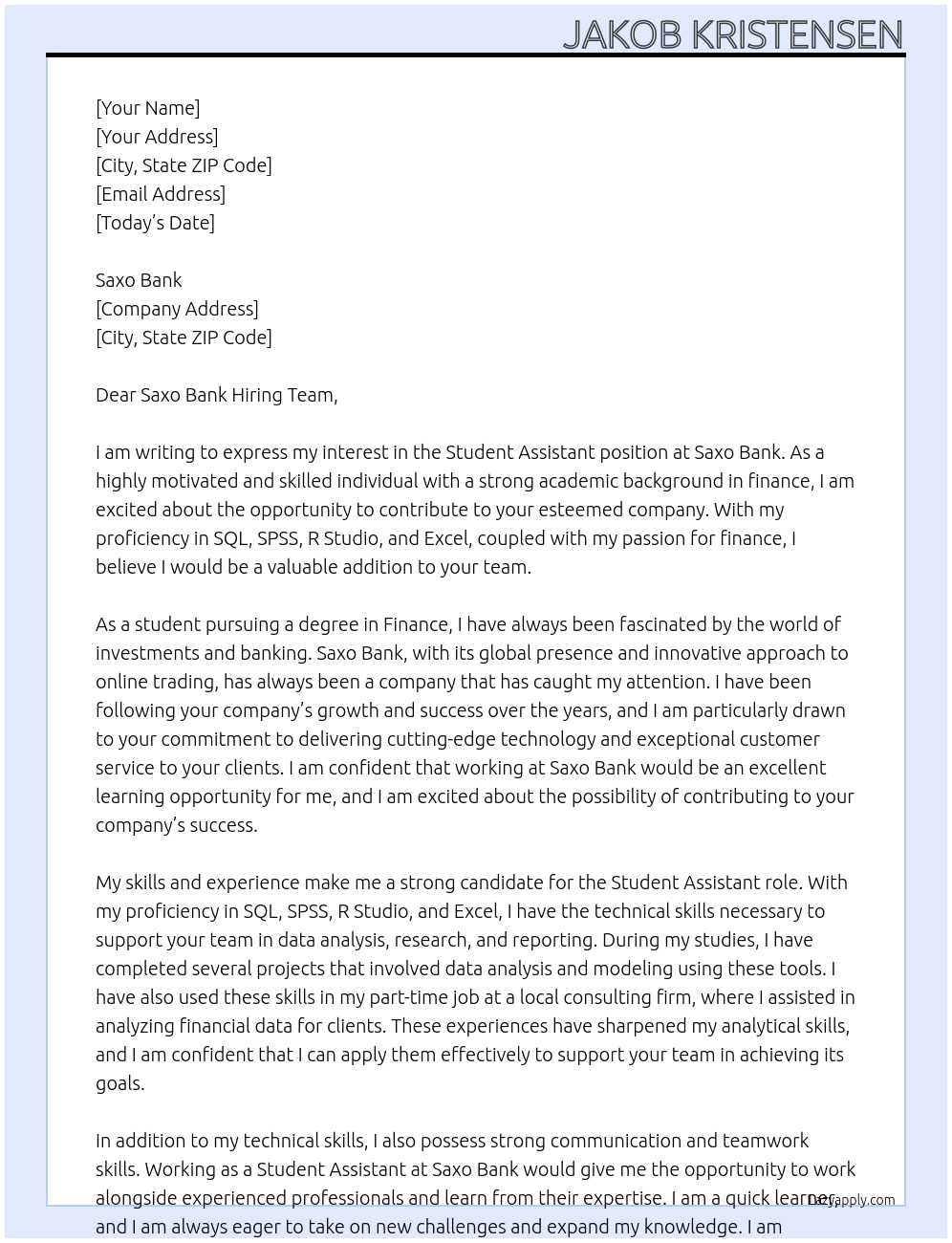 Cover letter for student assistant - LazyApply