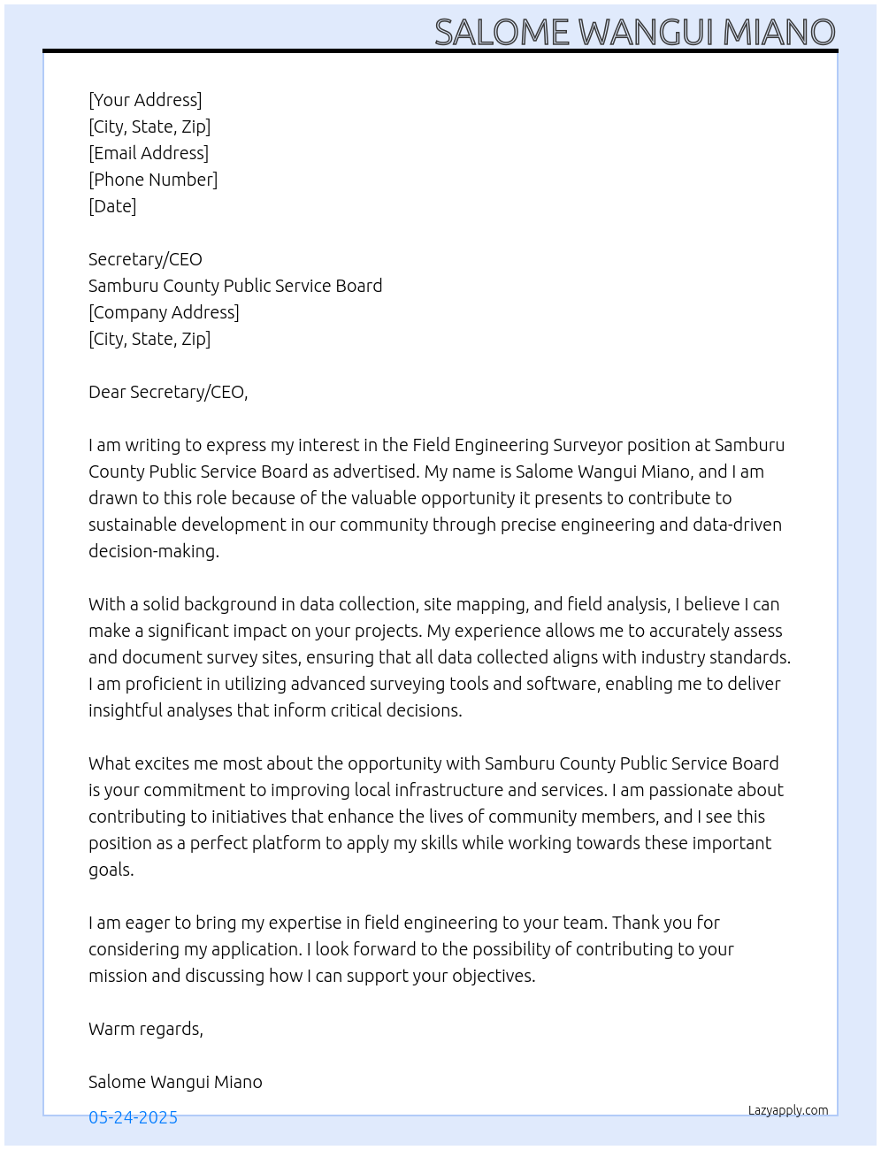 Cover letter for field engineering surveyor - LazyApply