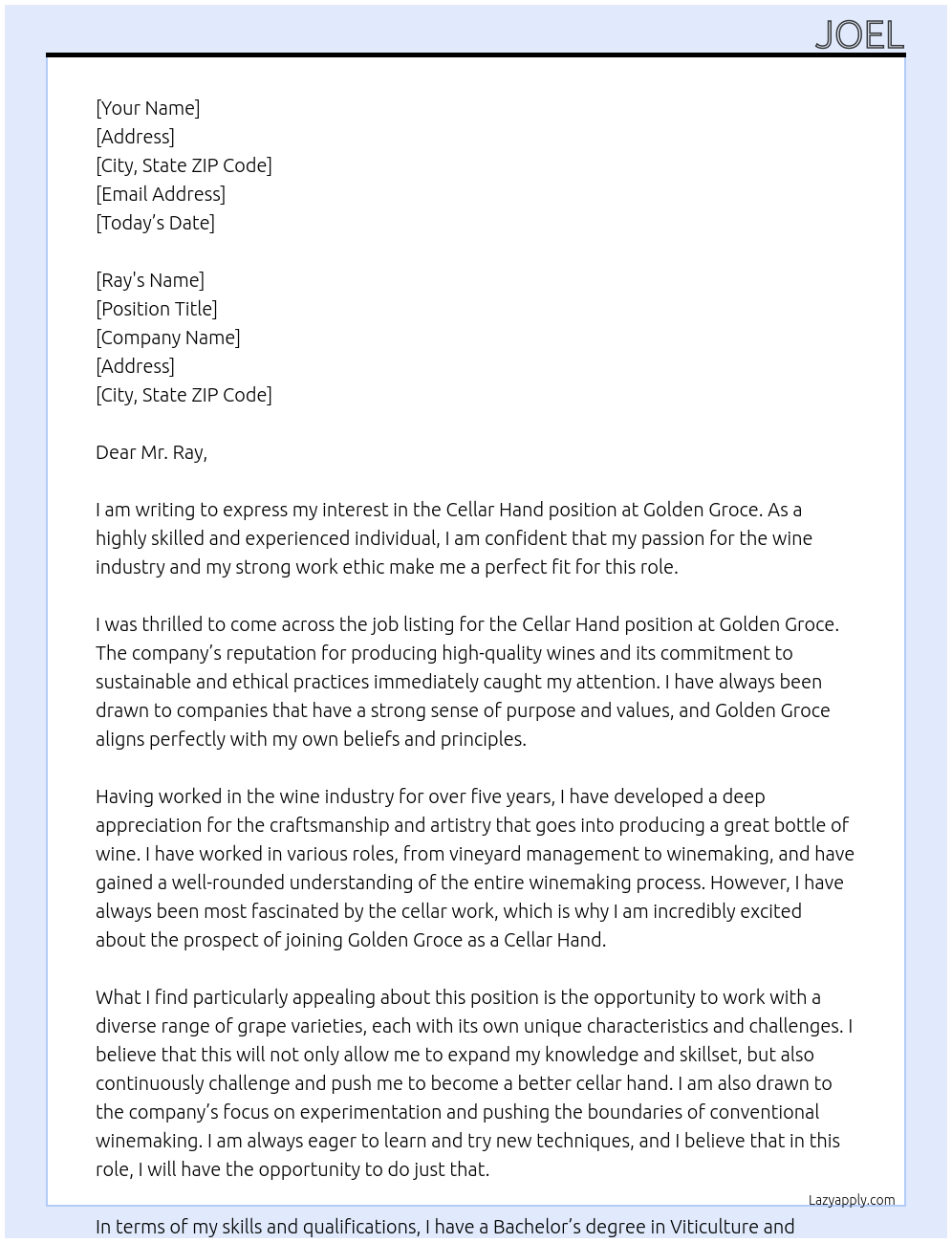 Cover letter for cellar hand - LazyApply
