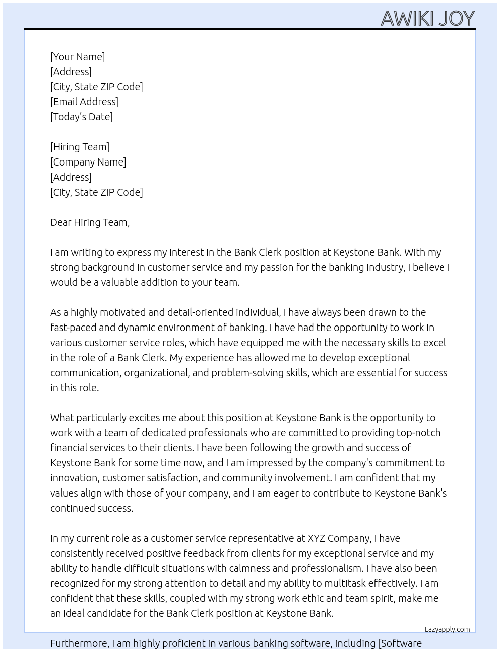 Cover letter for bank clerk - LazyApply