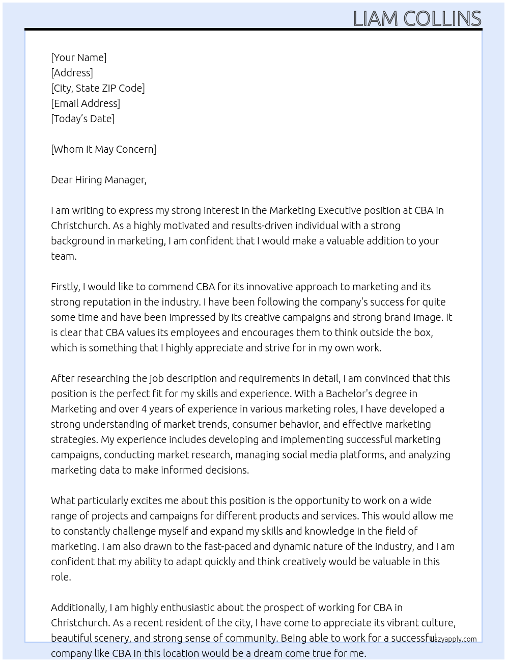 Cover letter for marketing executive - LazyApply
