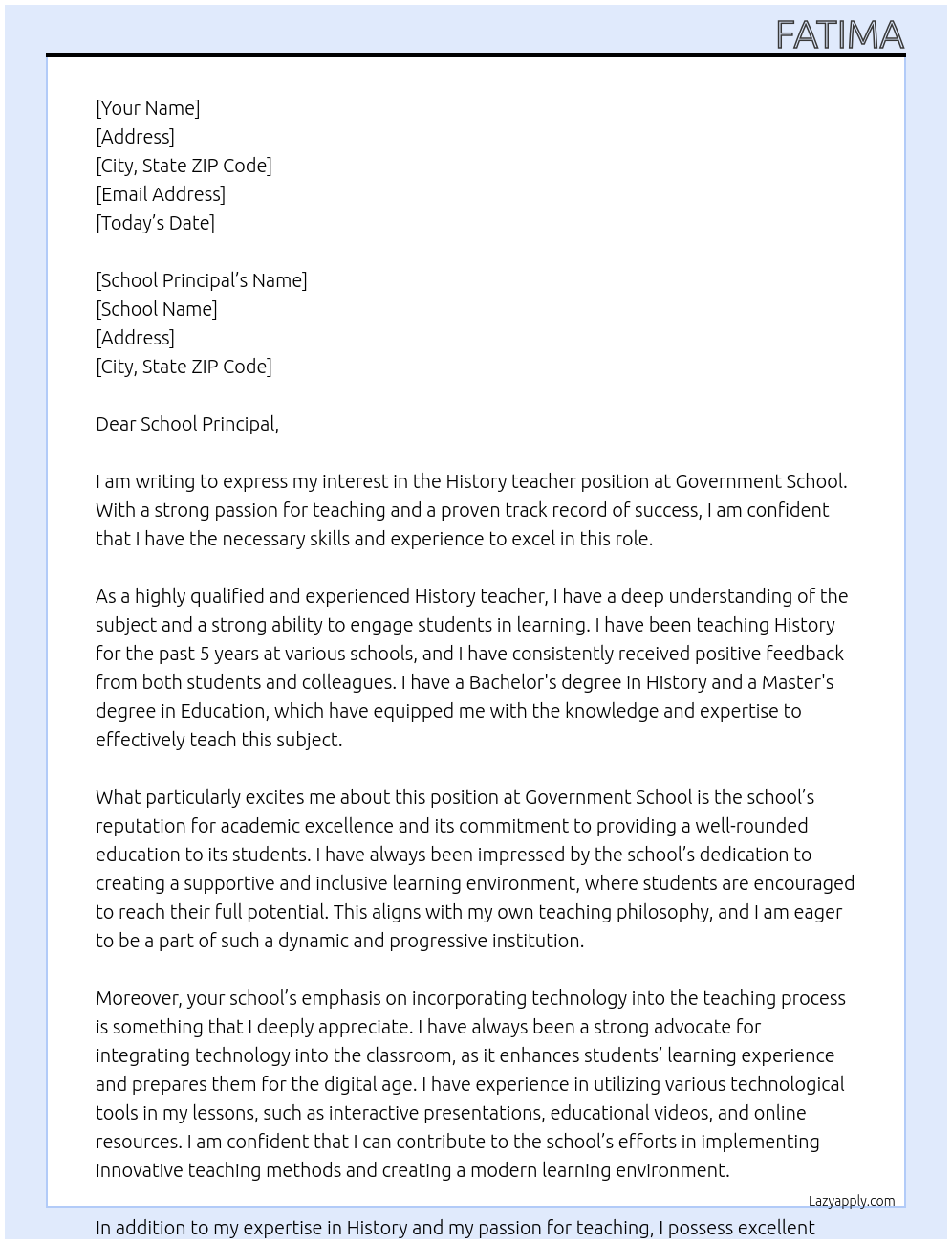 Cover letter for history teacher - LazyApply