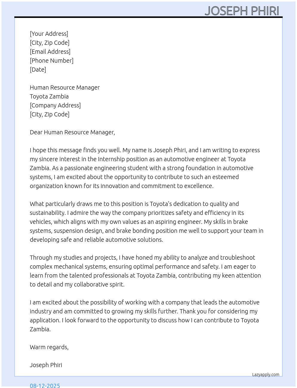 Cover letter for internship as automotive engineer - LazyApply