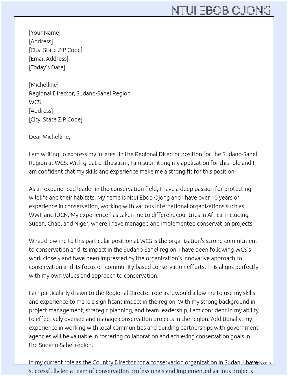 Cover letter for regional director, sudano-sahel region - LazyApply