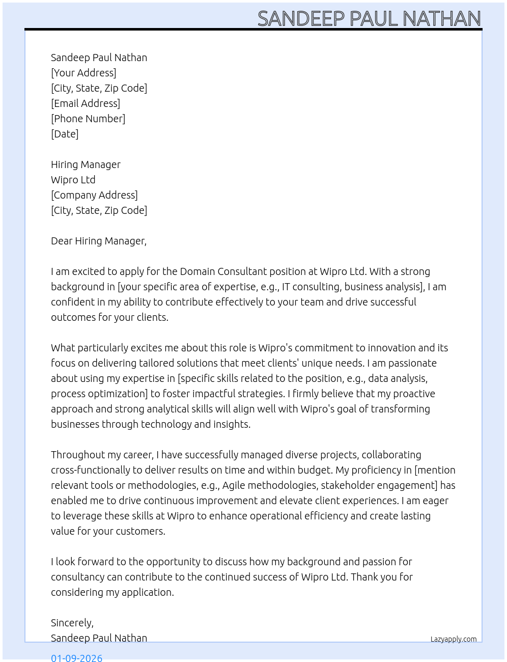 Cover letter for domain consultant - LazyApply