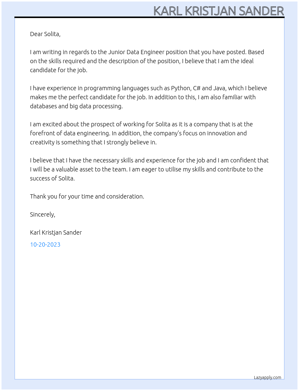 Cover letter for junior data engineer - LazyApply