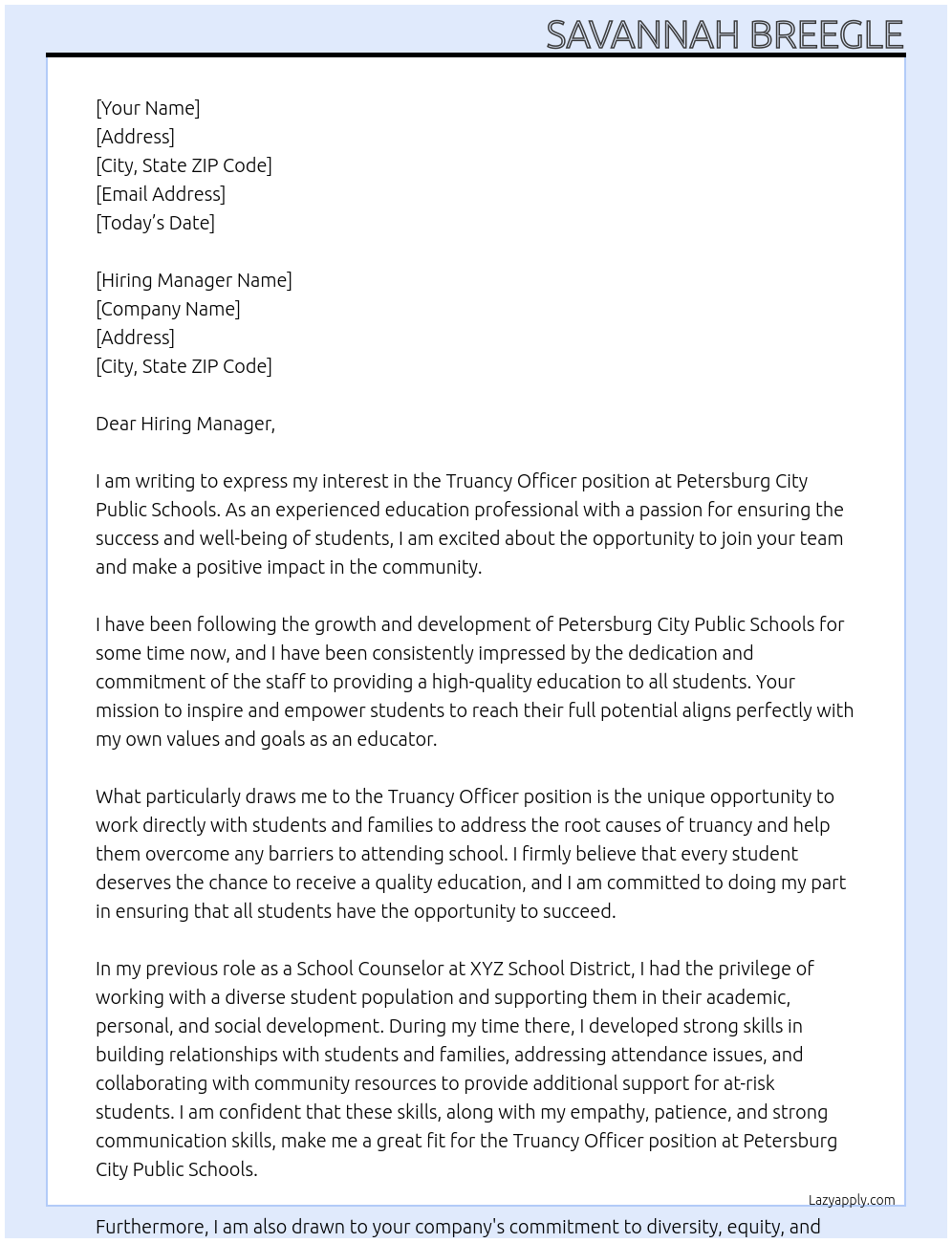 Cover letter for truancy officer - LazyApply