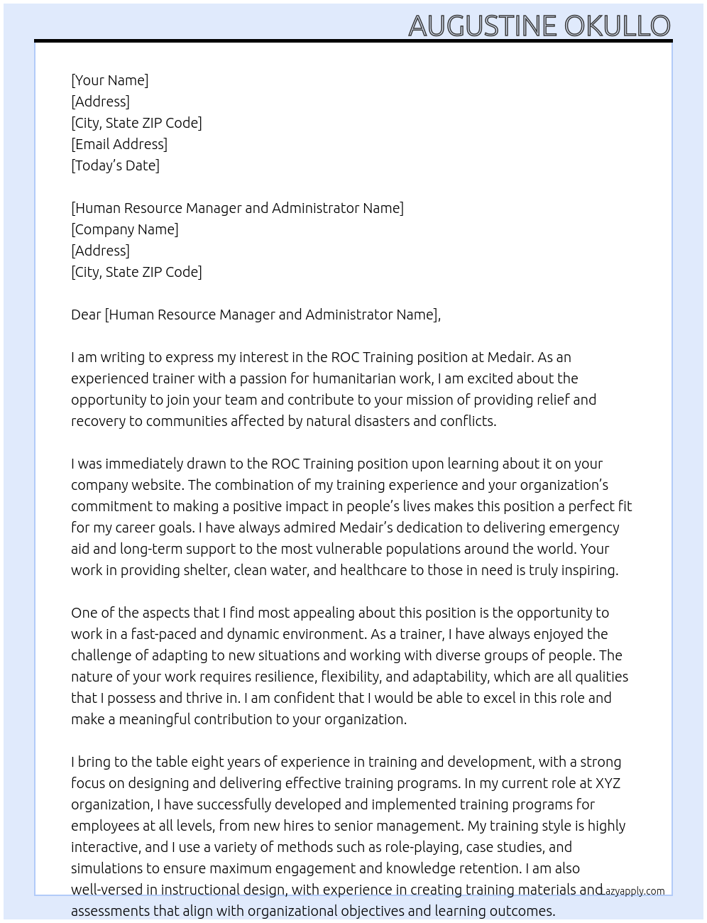 Cover letter for roc training - LazyApply