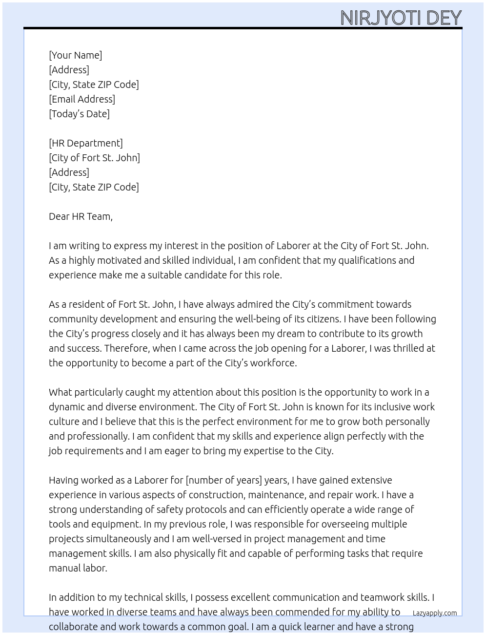 Cover letter for laborer - LazyApply