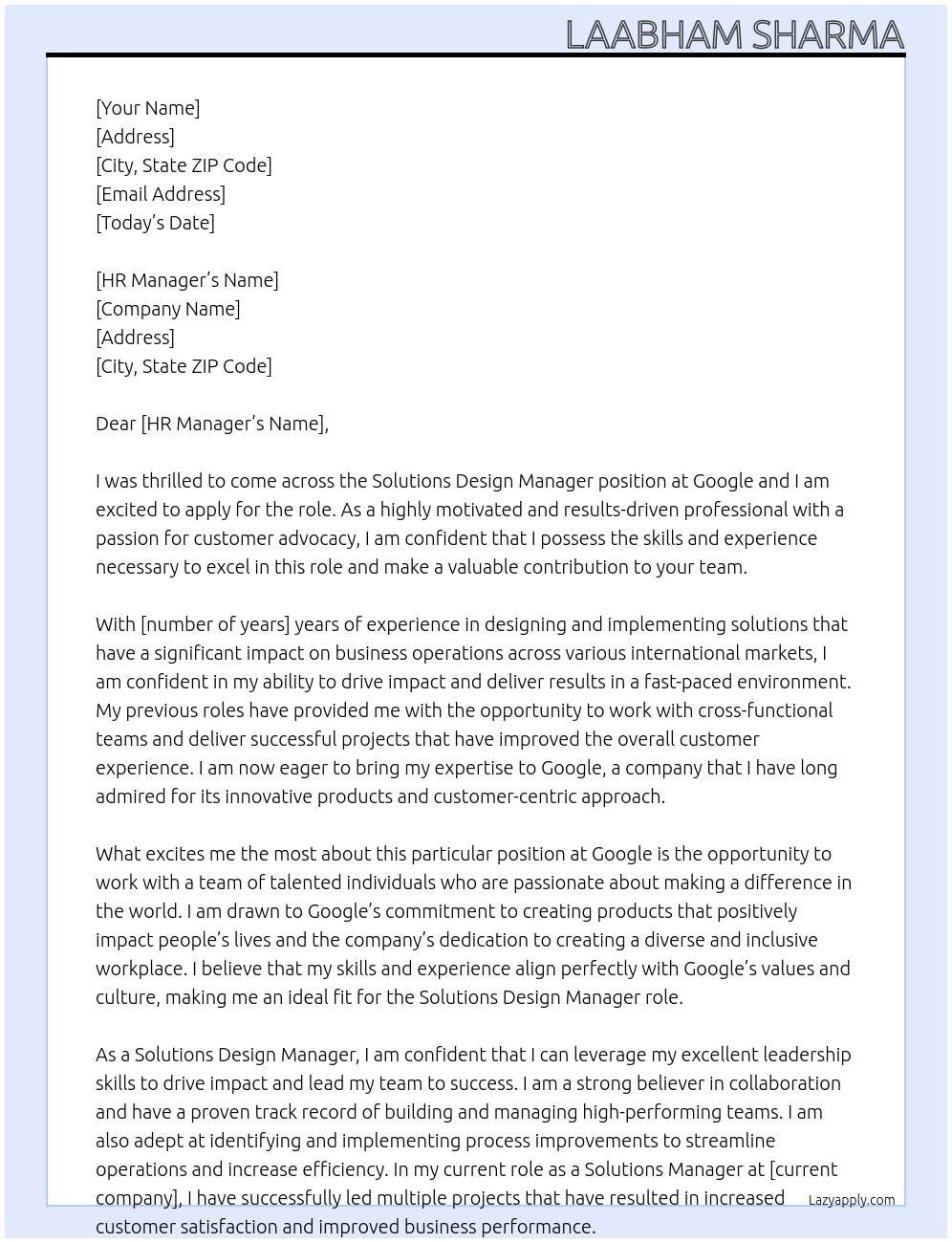 Cover letter for solutions design manager - LazyApply