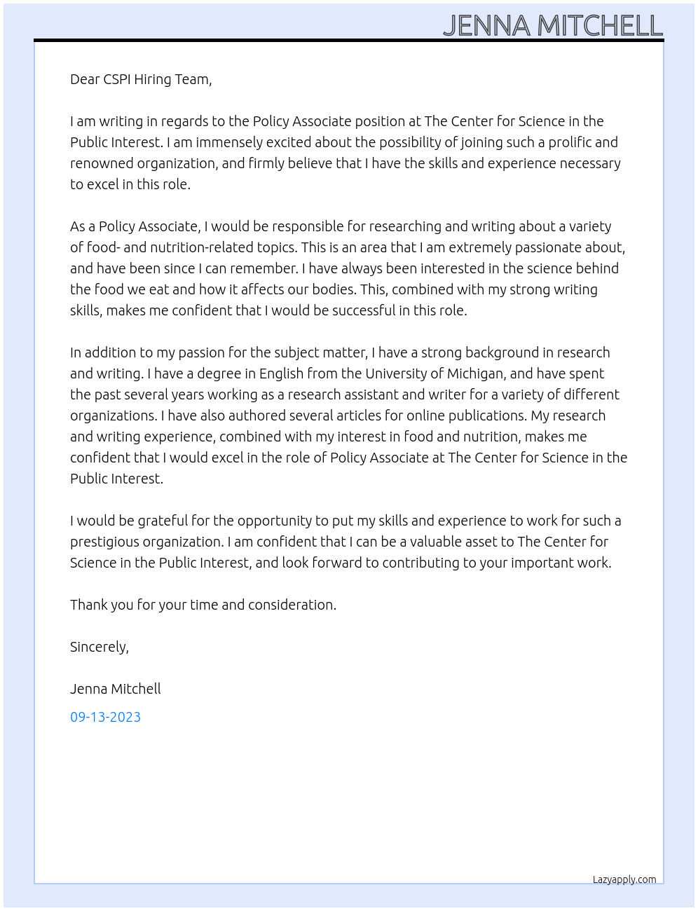 Cover letter for policy associate - LazyApply