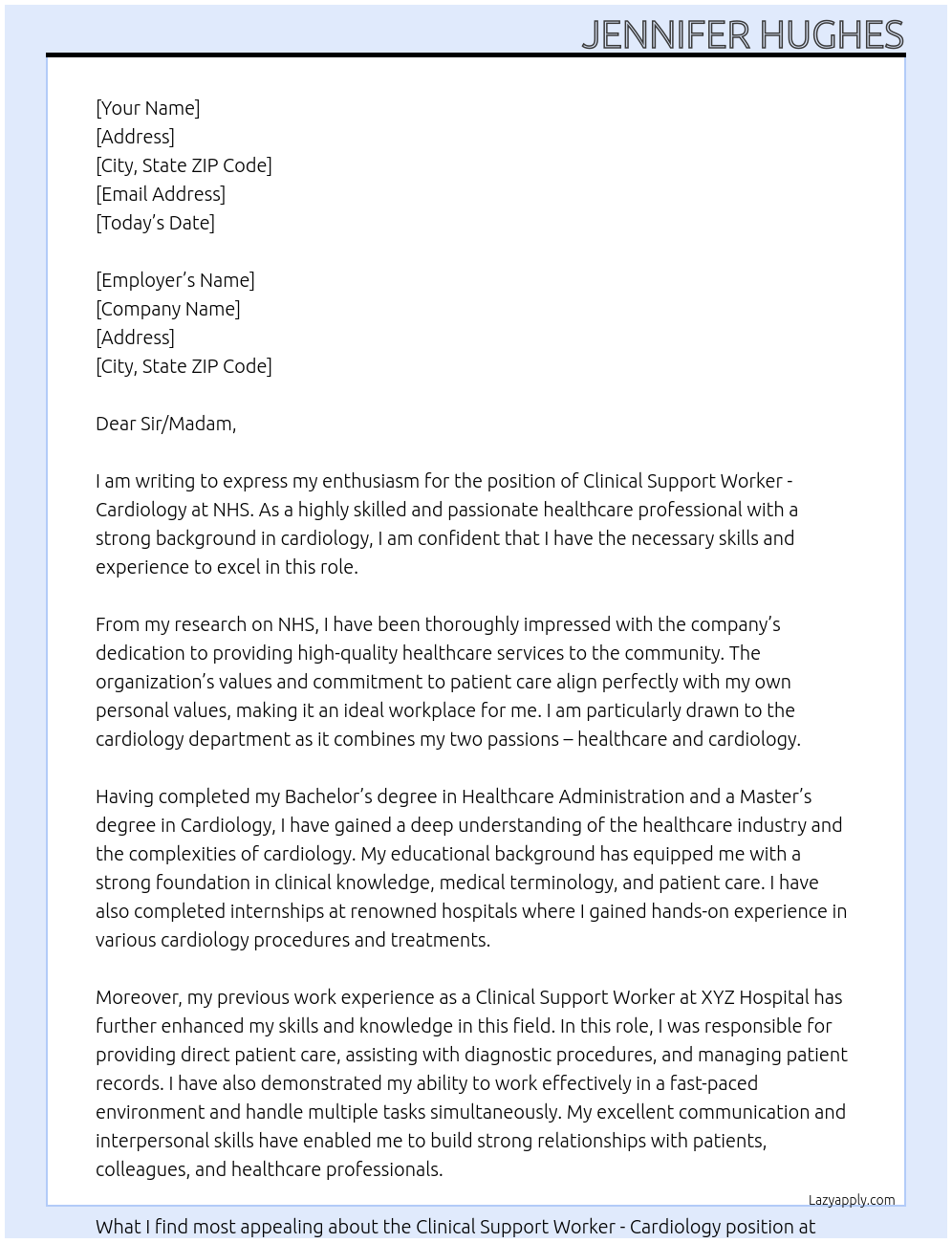 Cover letter for clinical support worker - cardiology - LazyApply