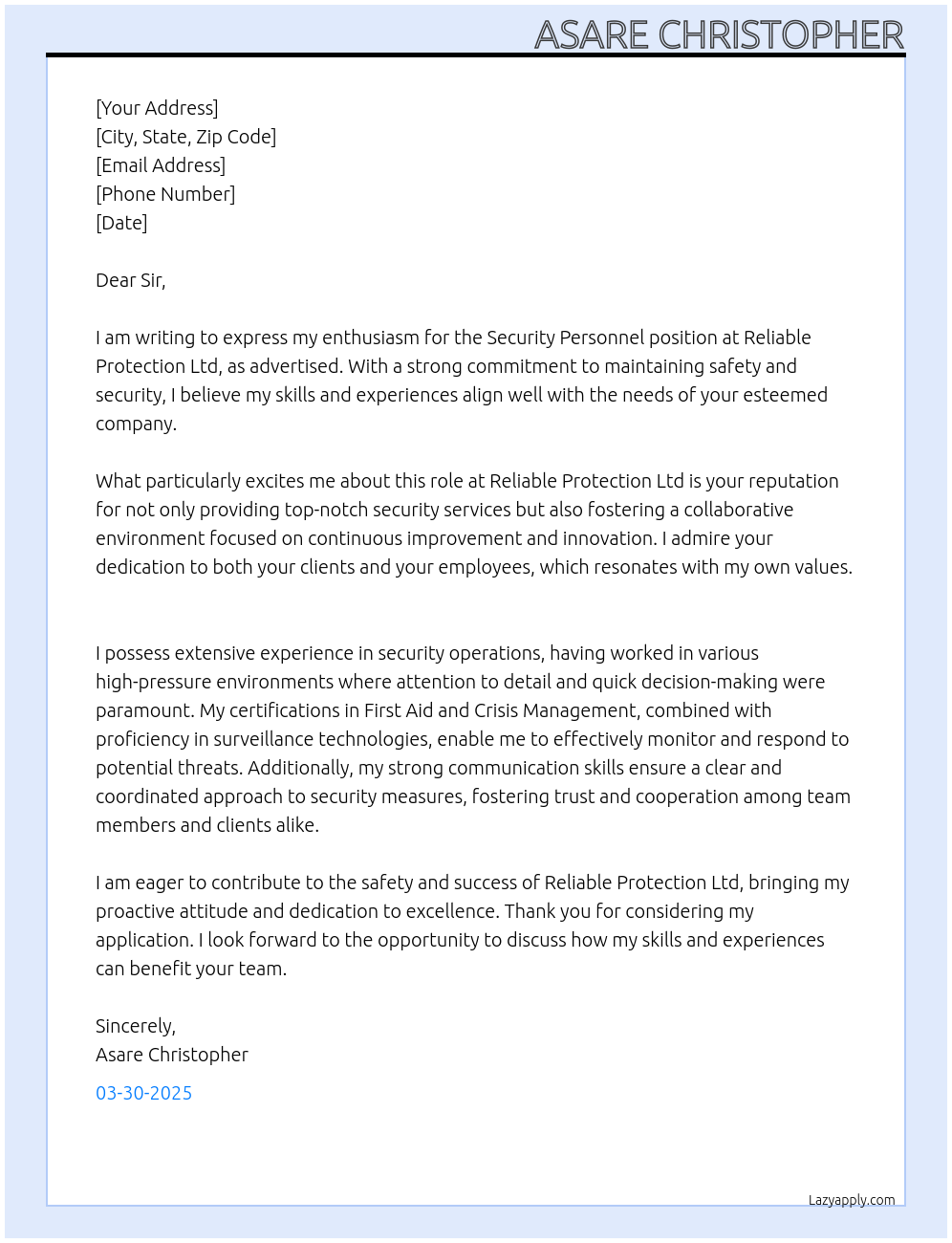 Cover letter for security personnel - LazyApply