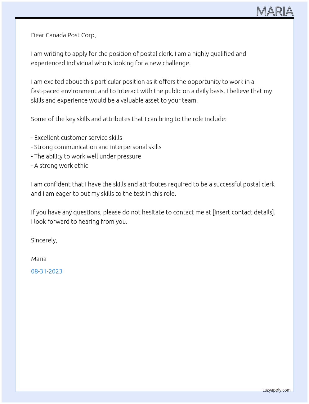 Cover letter for postal clerk - LazyApply