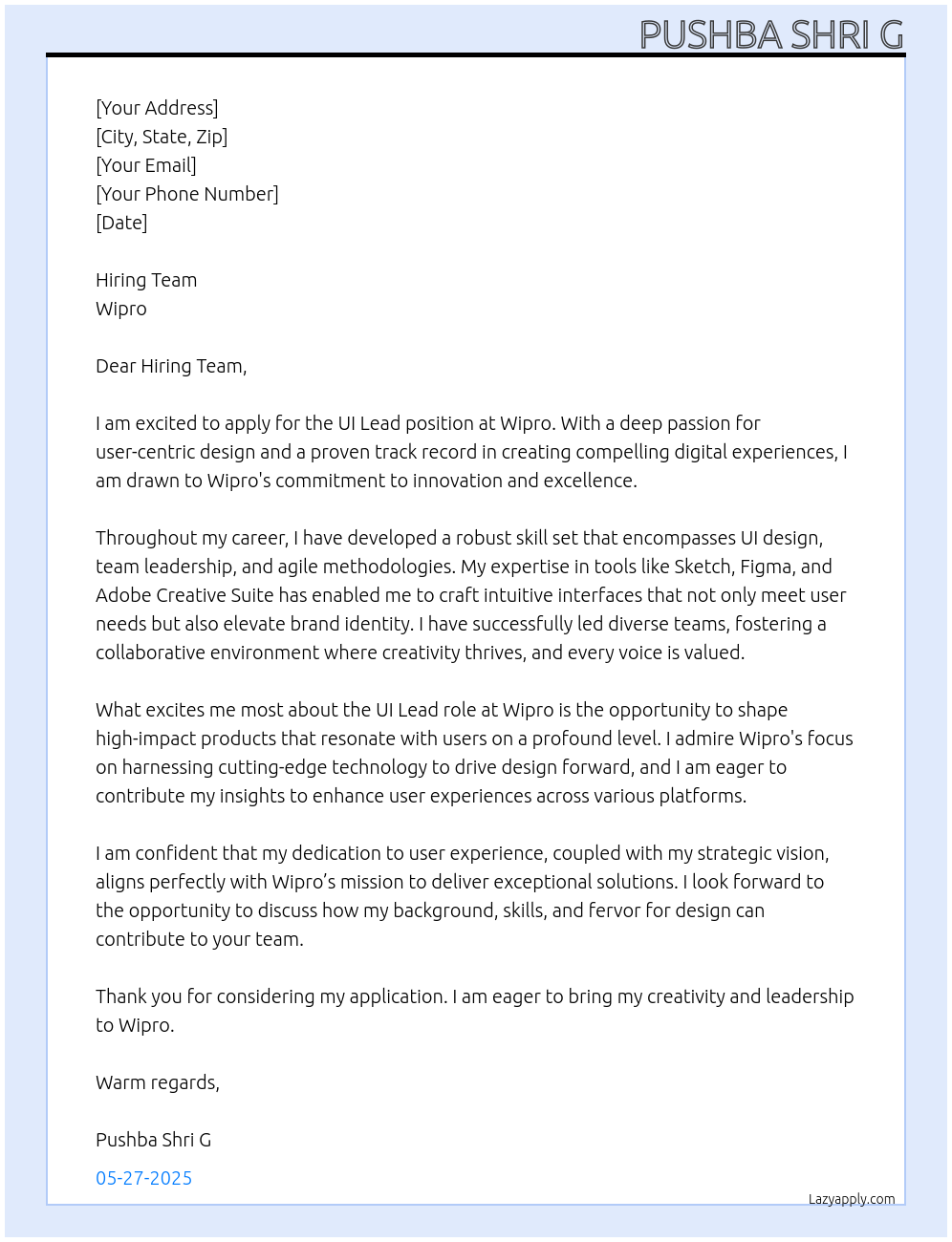 Cover letter for ui lead - LazyApply
