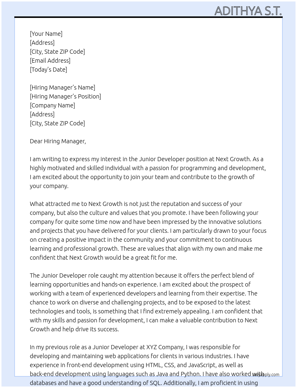 Cover letter for junior developer - LazyApply