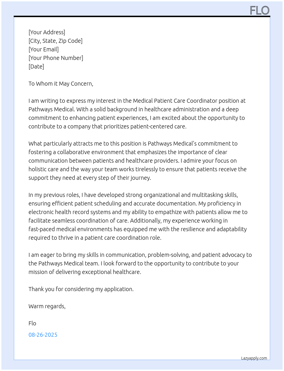 Cover letter for medical patient care coordinator - LazyApply