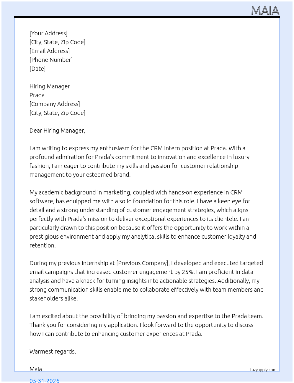 Cover letter for prada crm intern - LazyApply