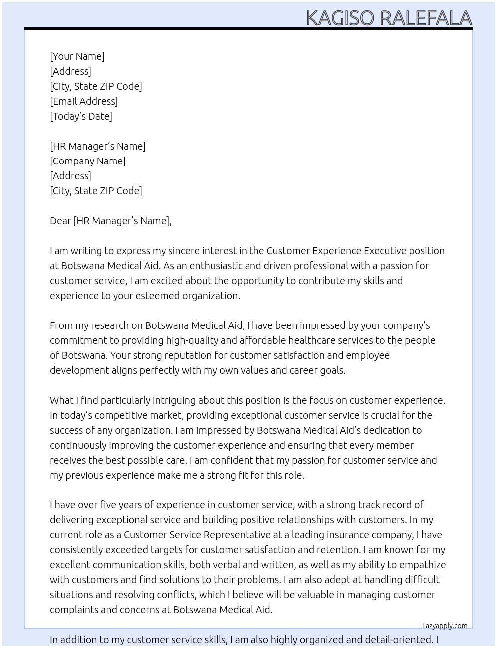 Cover letter for customer experience executive - LazyApply