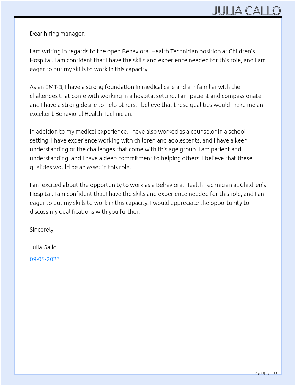 Cover letter for behavioral health technician - LazyApply