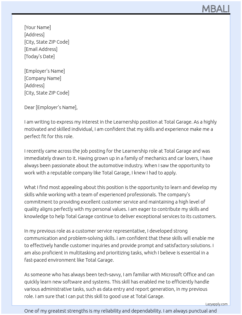 Cover letter for learnership - LazyApply