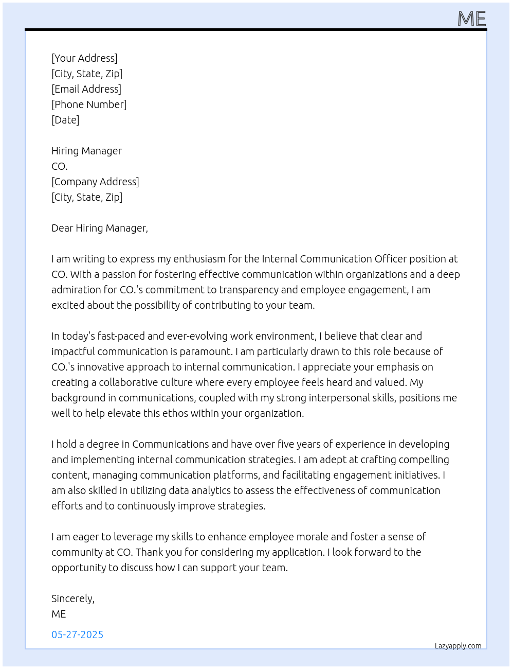 Cover letter for internal communication officer - LazyApply