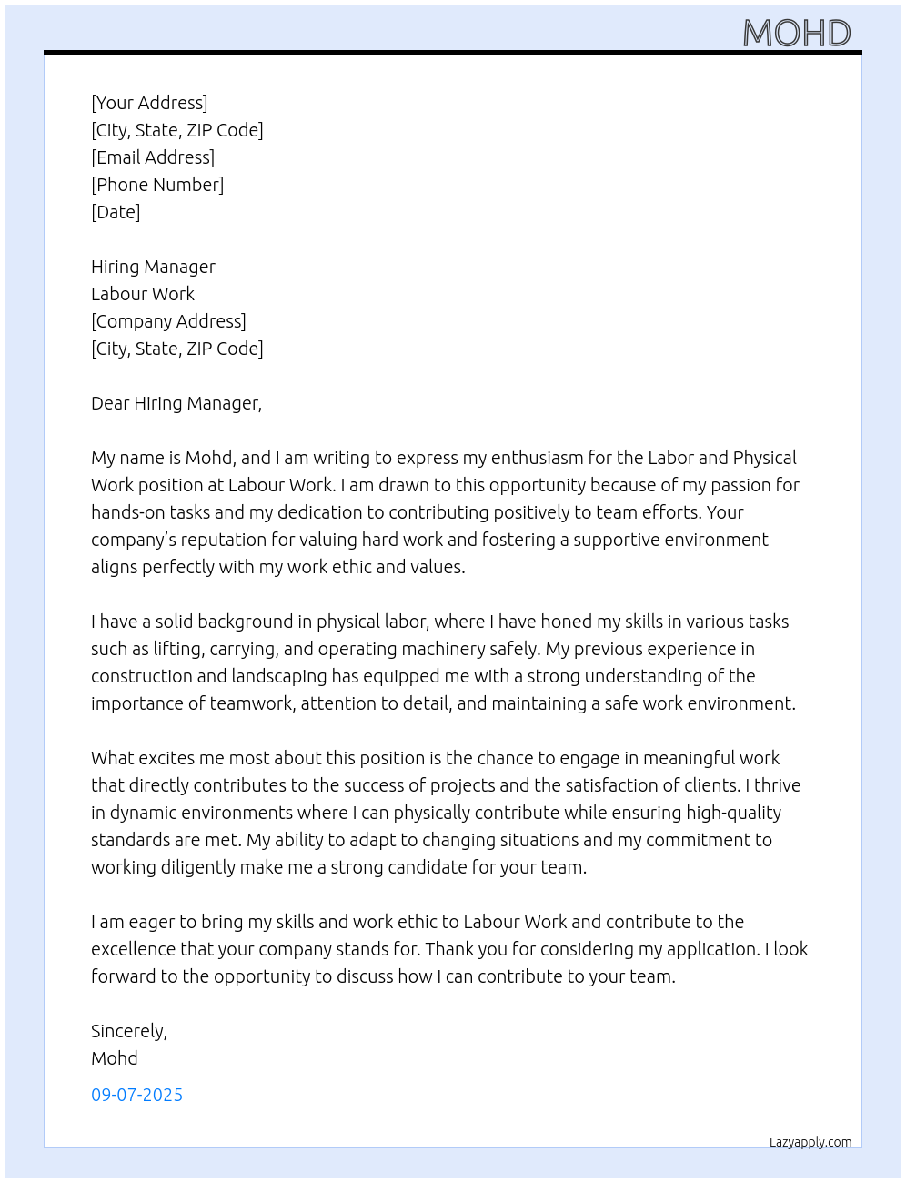 Cover letter for labaur and physical work - LazyApply
