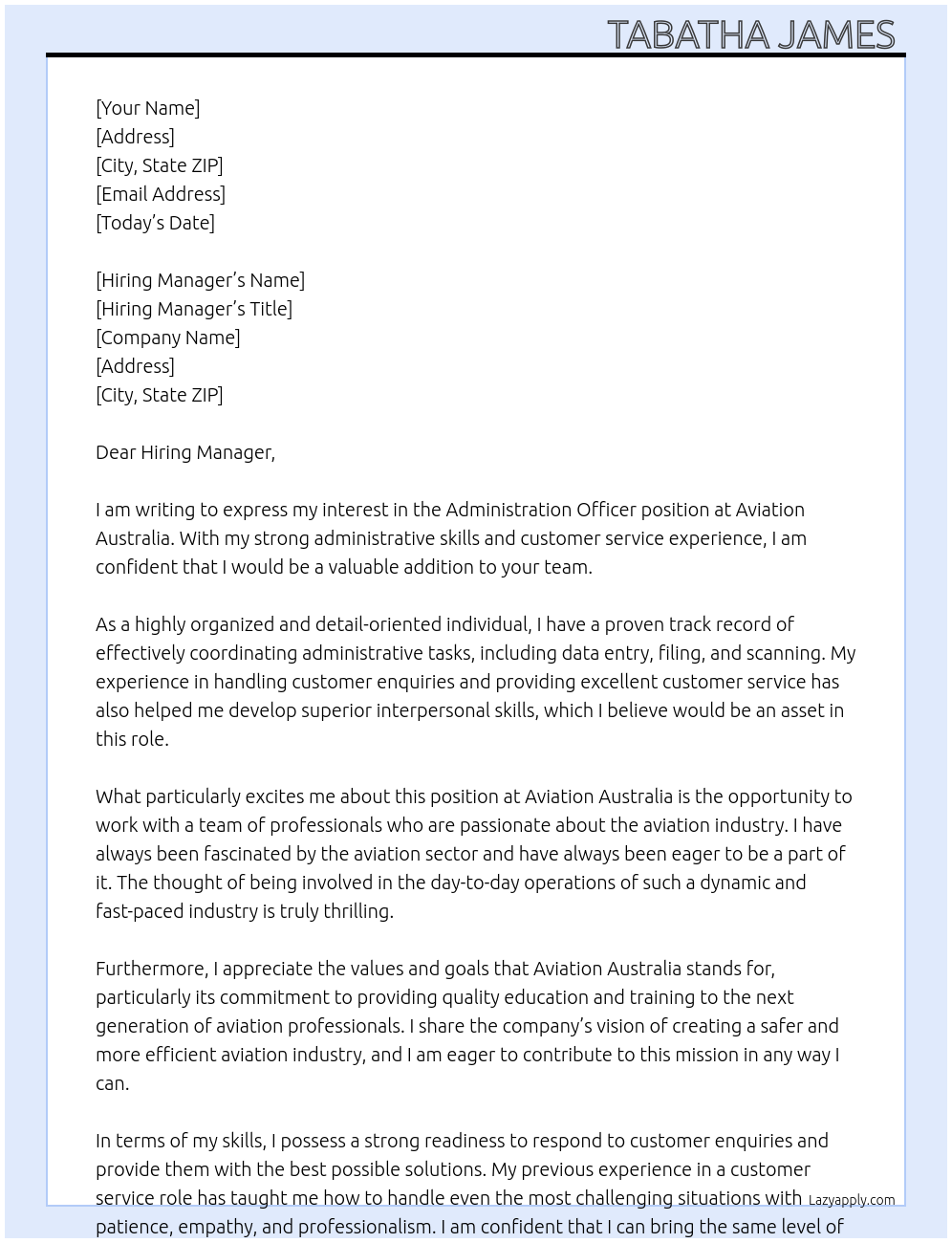 Cover letter for administration officer - LazyApply