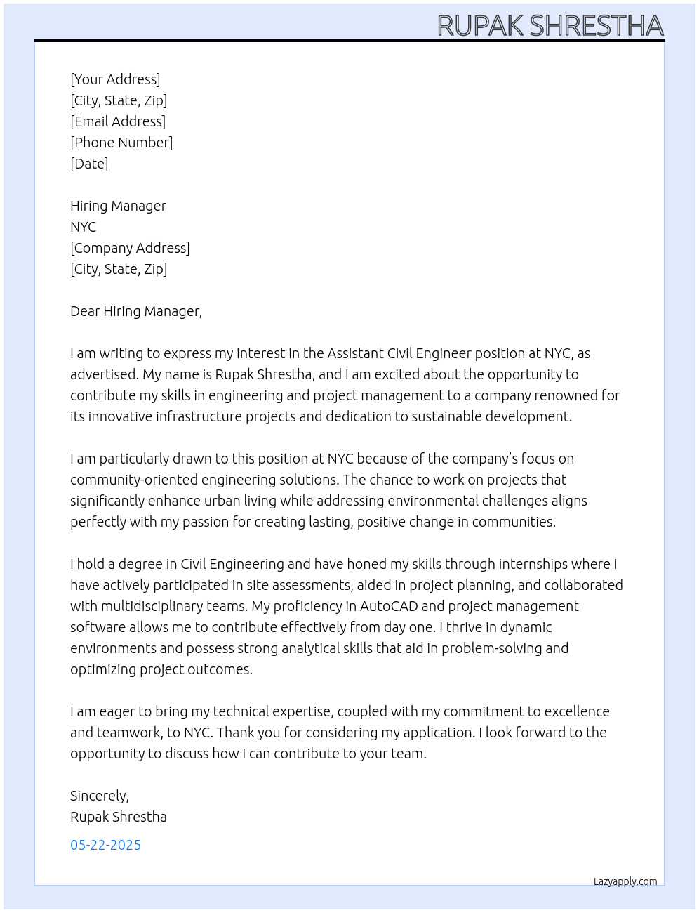 Cover letter for assistant civil engineer - LazyApply