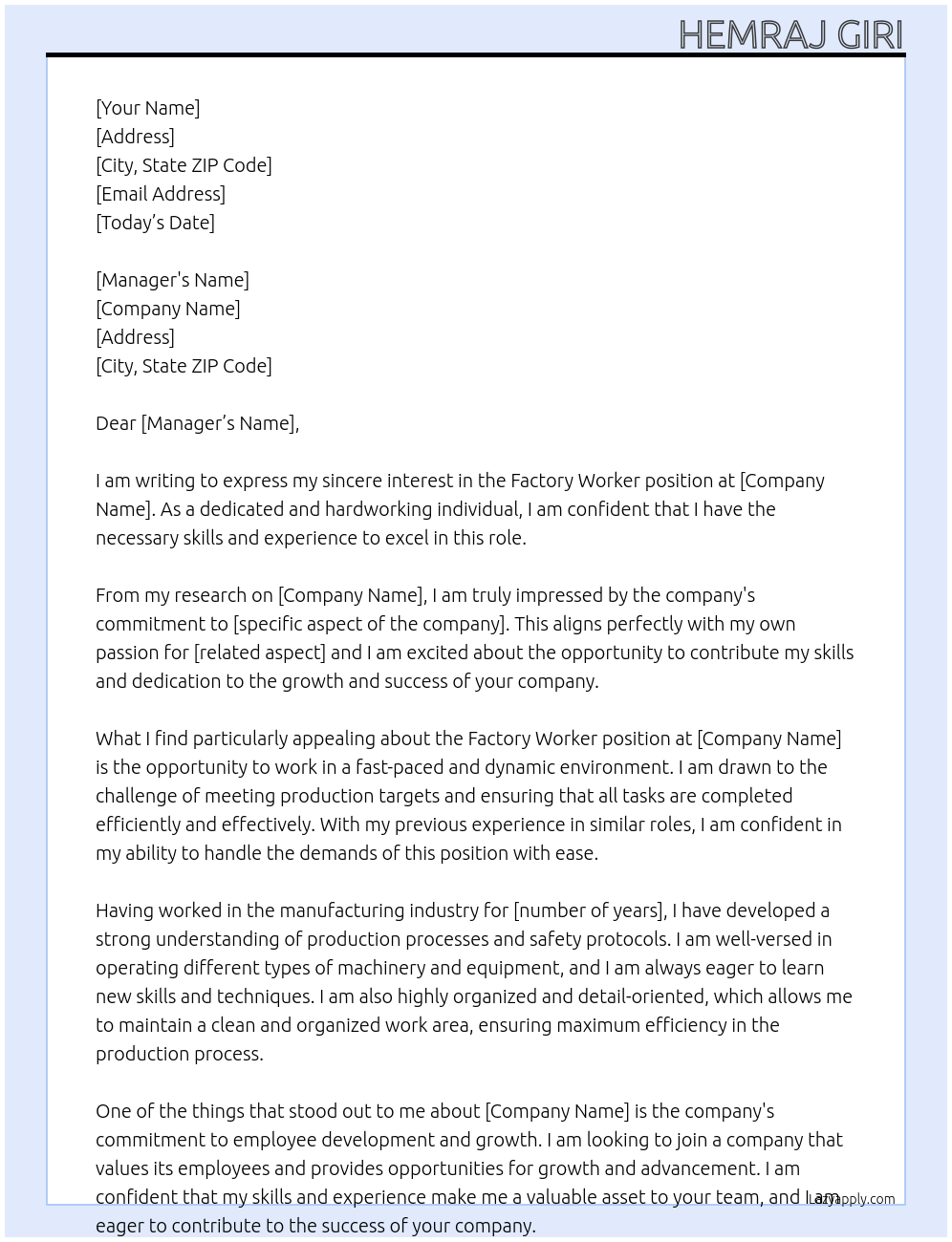 Cover letter for factory worker - LazyApply