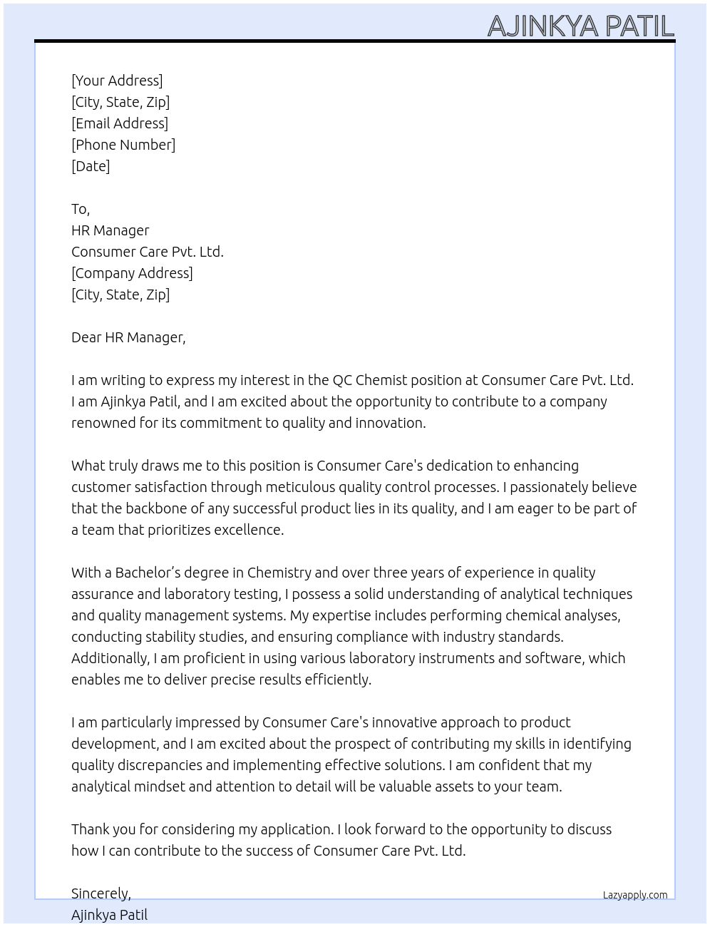 Cover letter for qc chemist - LazyApply