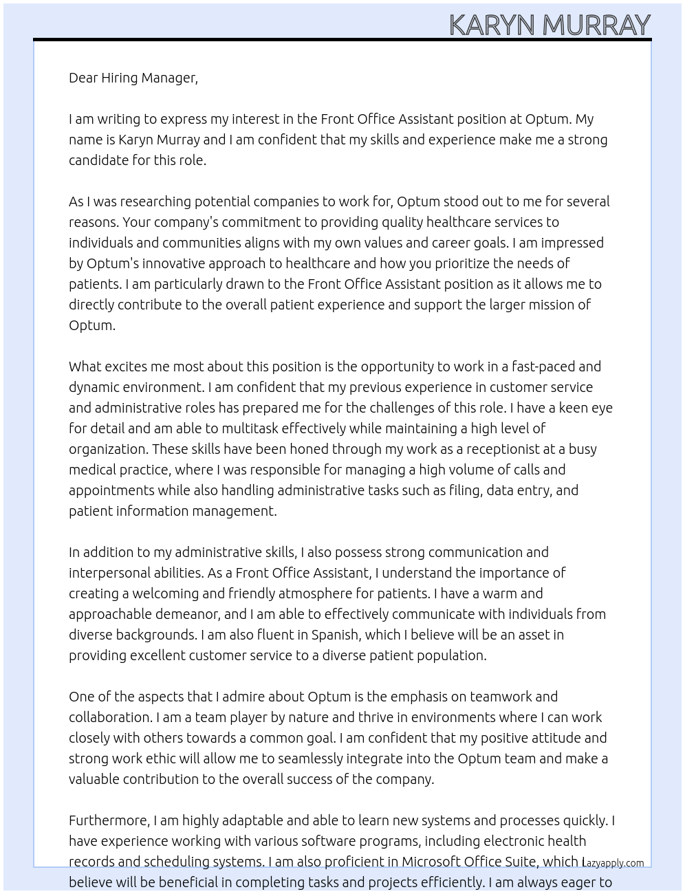 Cover letter for front office assistant - LazyApply