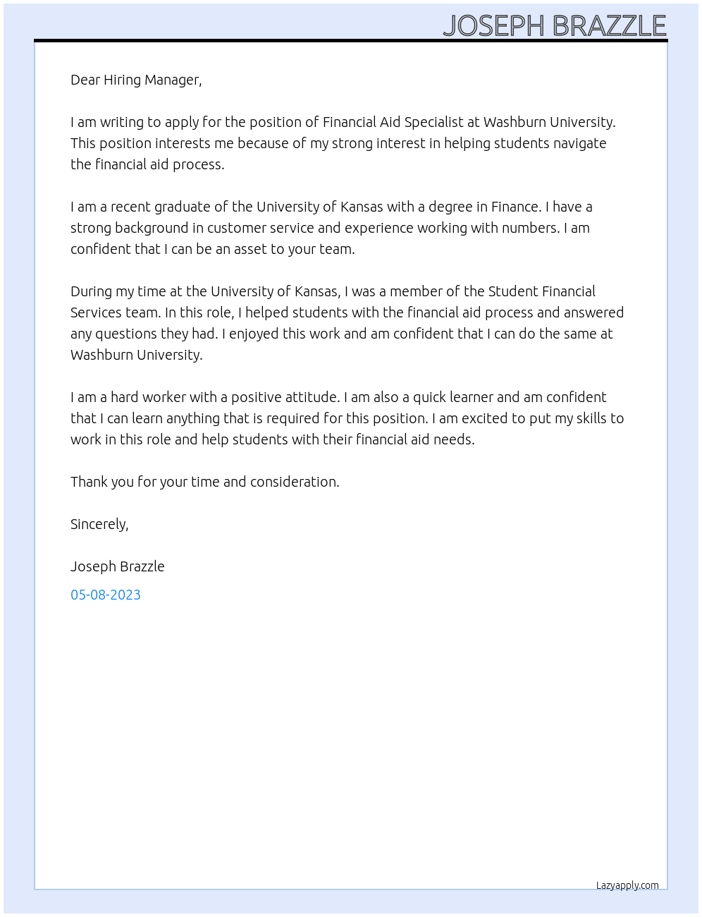 Cover letter for financial aid specialist - LazyApply