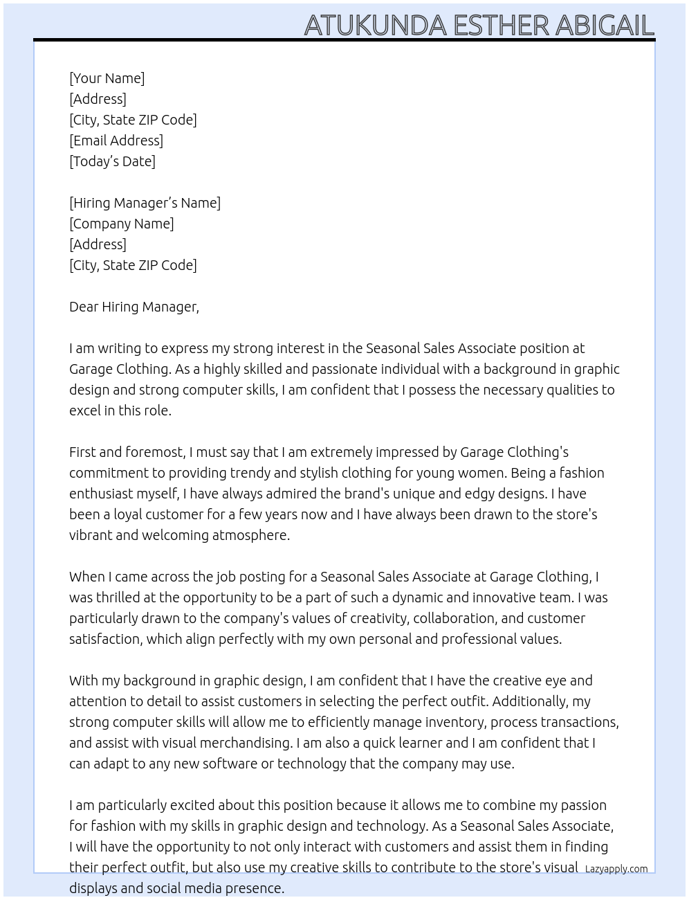 Cover letter for seasonal sales associate - LazyApply