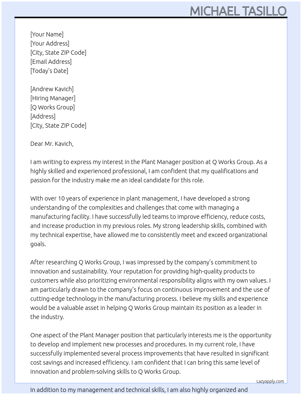 Cover letter for plant manager - LazyApply