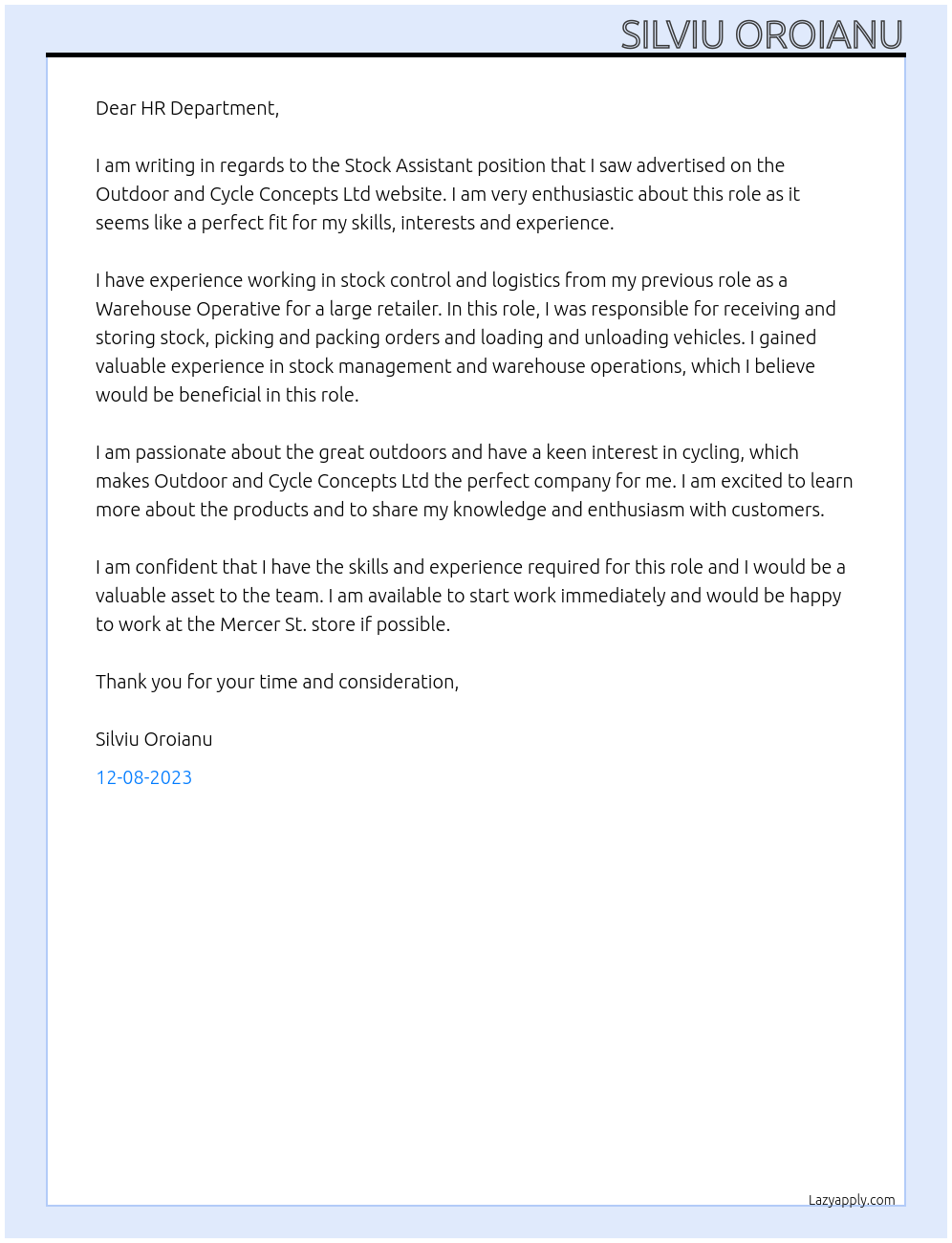 Cover letter for stock assistant - LazyApply