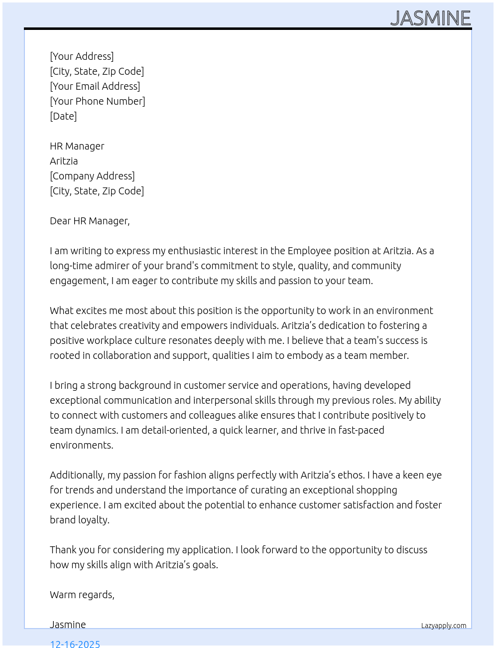 Cover letter for employeee - LazyApply