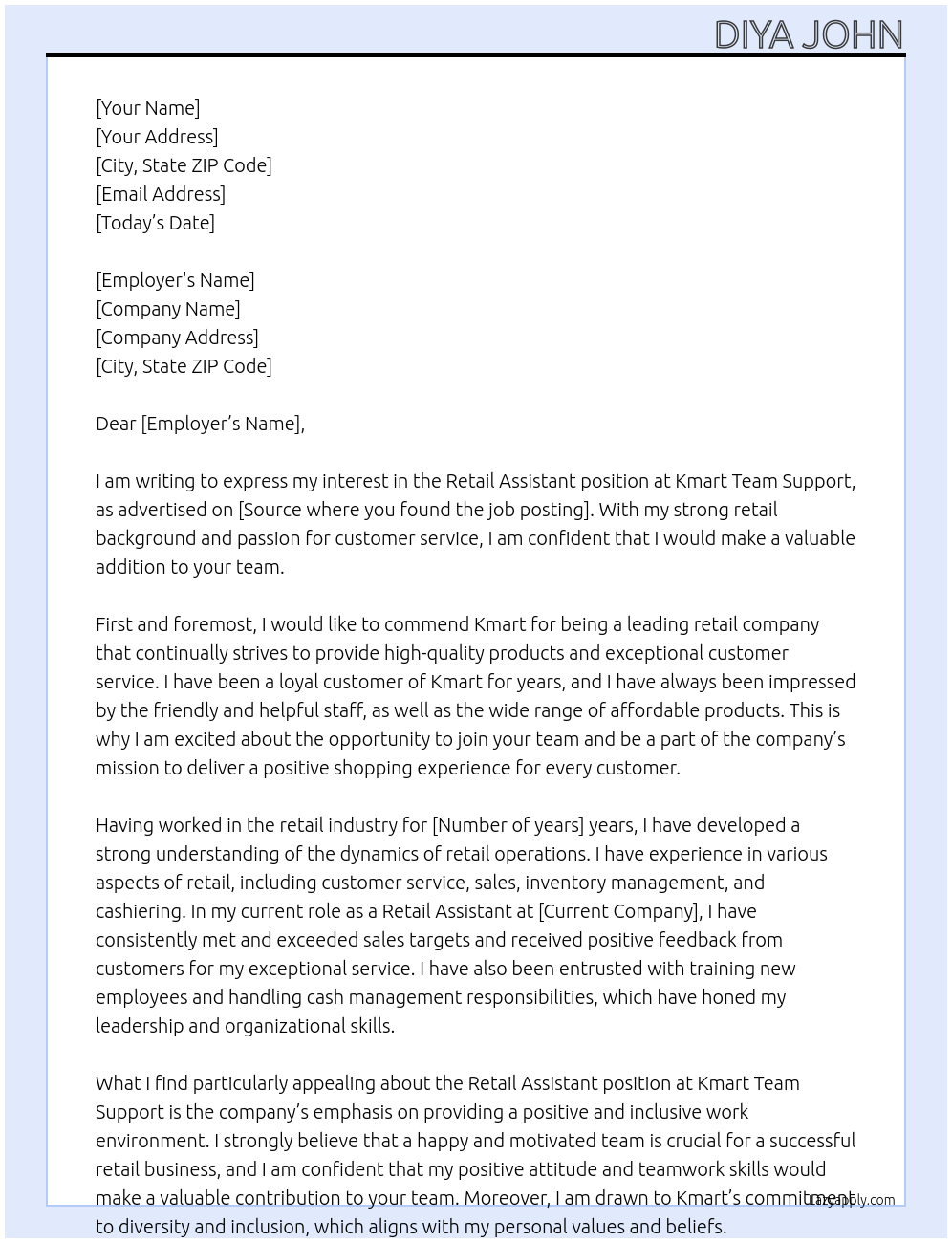 Cover letter for retail assistant - LazyApply