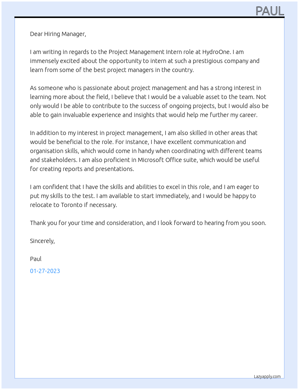 Cover Letter For Project Management Intern LazyApply